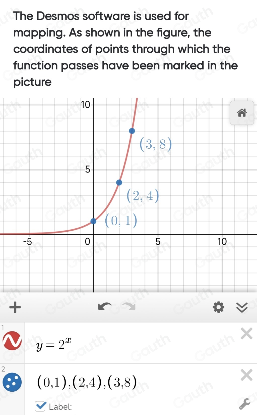 Solved: Graph the exponential function. f(x)=2^x [Math]