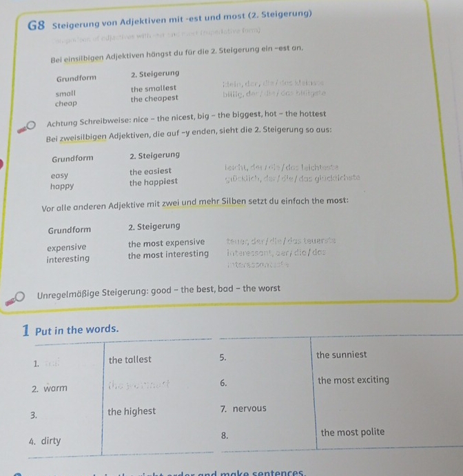 Gelöst:G8 Steigerung von Adjektiven mit -est und most (2. Steigerung) d ...