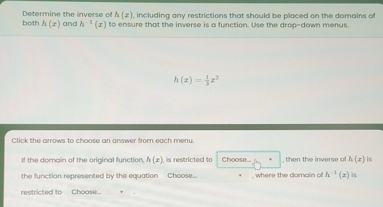 Solved: Determine the inverse of h(x) , including any restrictions that ...