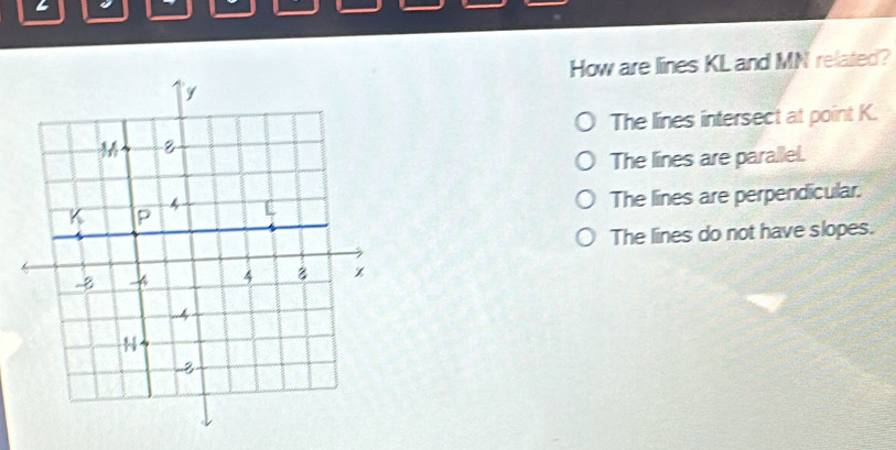 Solved: How are lines KL and MN related? The lines intersect at point K ...