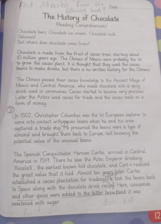 Solved: Date_ The History of Chocolate (Reading Comprehension ...