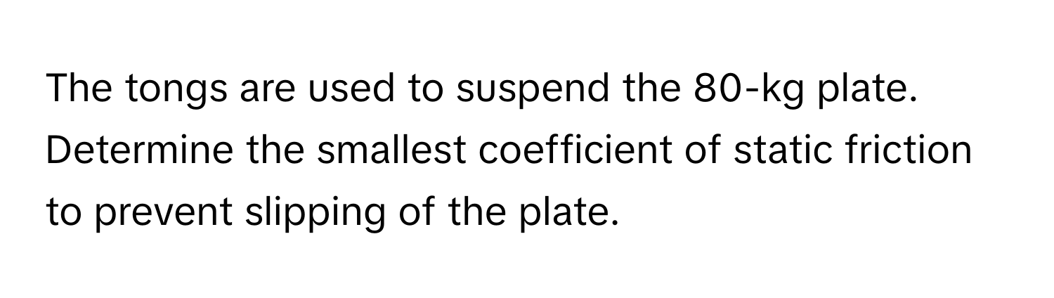 Solved: The tongs are used to suspend the 80-kg plate. Determine the ...