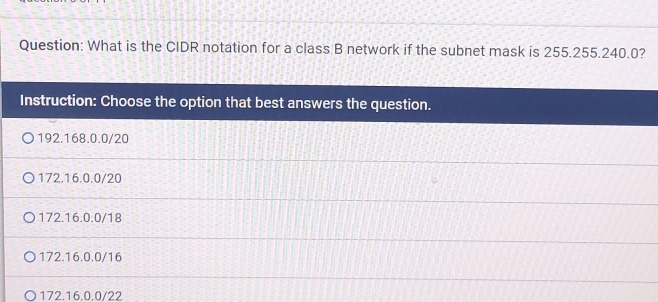 Solved: What is the CIDR notation for a class B network if the subnet mask is 255.255.240.0 ...