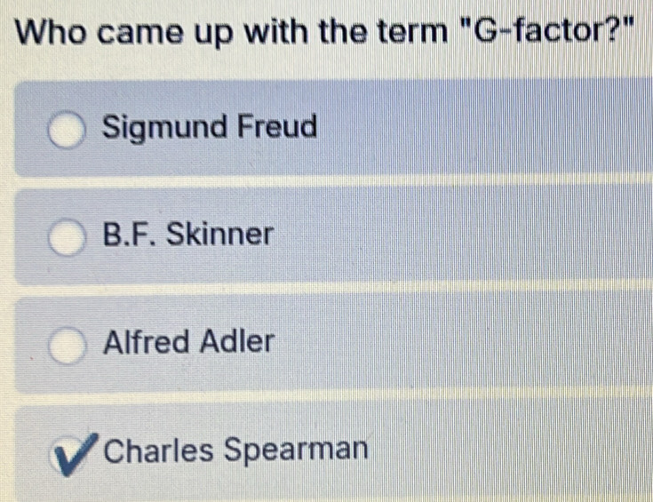 Solved: Who came up with the term "G-factor?" Sigmund Freud B.F. Skinner Alfred Adler Charles ...