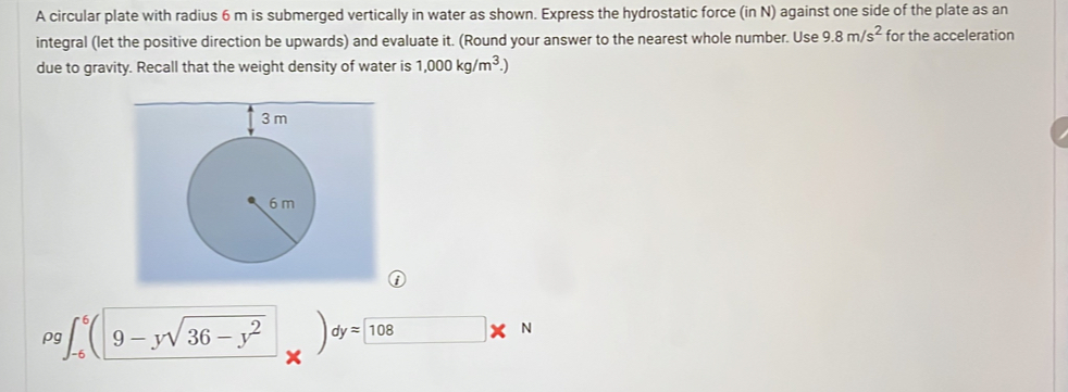 Solved: A circular plate with radius 6 m is submerged vertically in water as shown. Express the ...