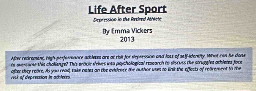Solved: Life After Sport Depression in the Retired Athlete By Emma ...