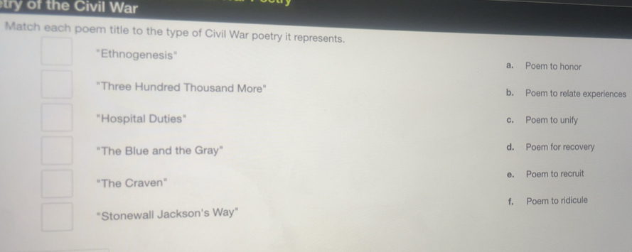 Solved: try of the Civil War Match each poem title to the type of Civil ...