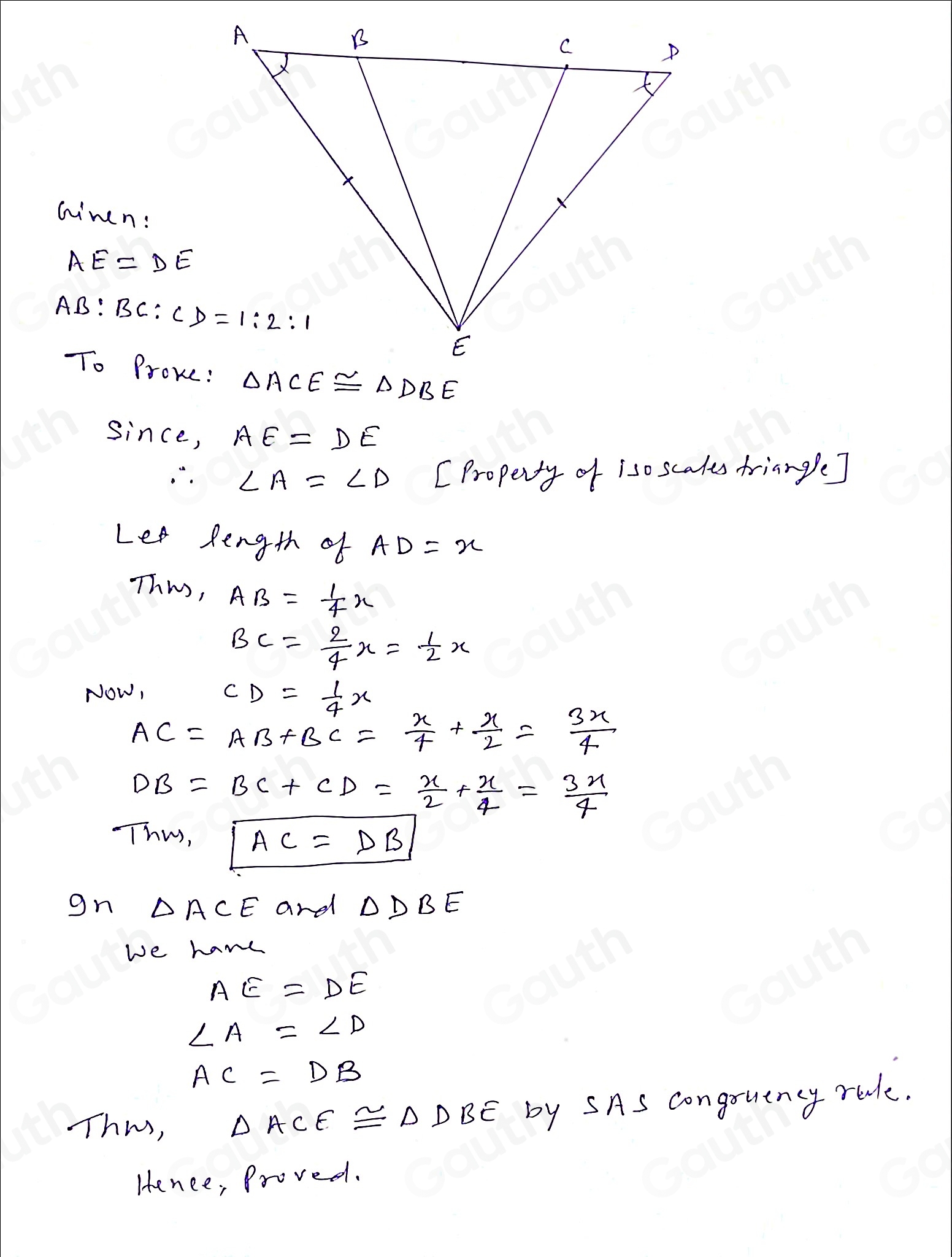Solved: The diagram shows a triangle ADE. AE=DE AB:BC:CD=1:2:1 Prove ...