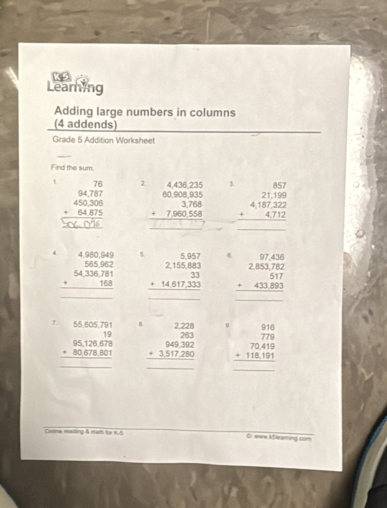 Solved: K5 Learning Adding large numbers in columns (4 addends) Grade 5 ...