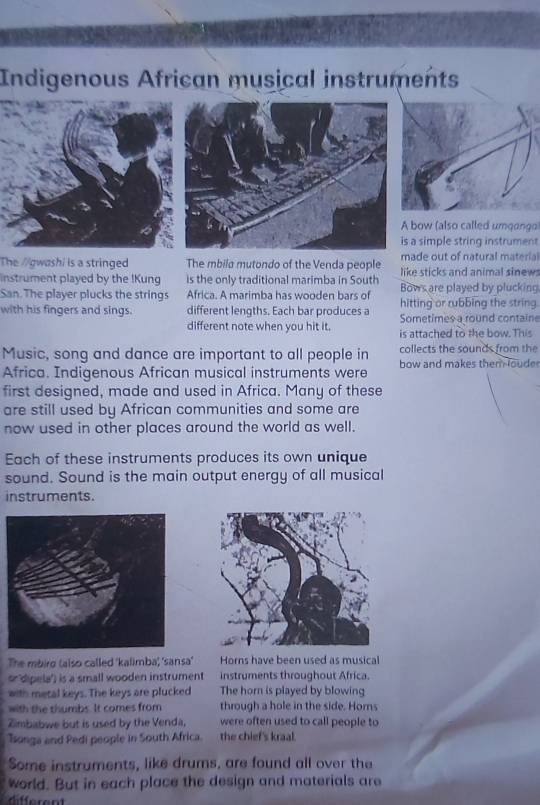 Solved: Indigenous African musical instruments A bow (also called ...