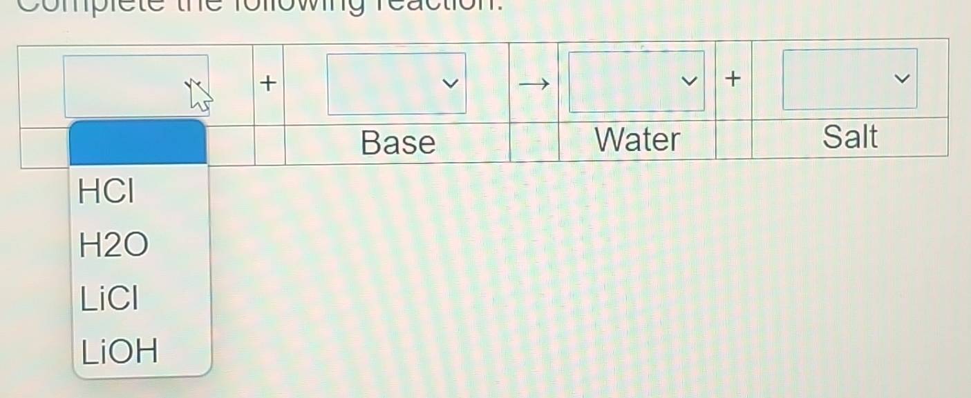 Solved: Complete the following reaction. HCl H2O LiCl LiOH [Chemistry]
