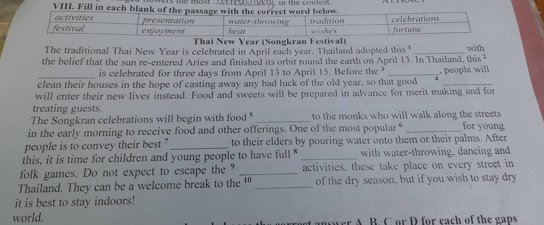 Giải quyết:wrs ue most .in the contest. VIII. Fill in each blan Thai ...
