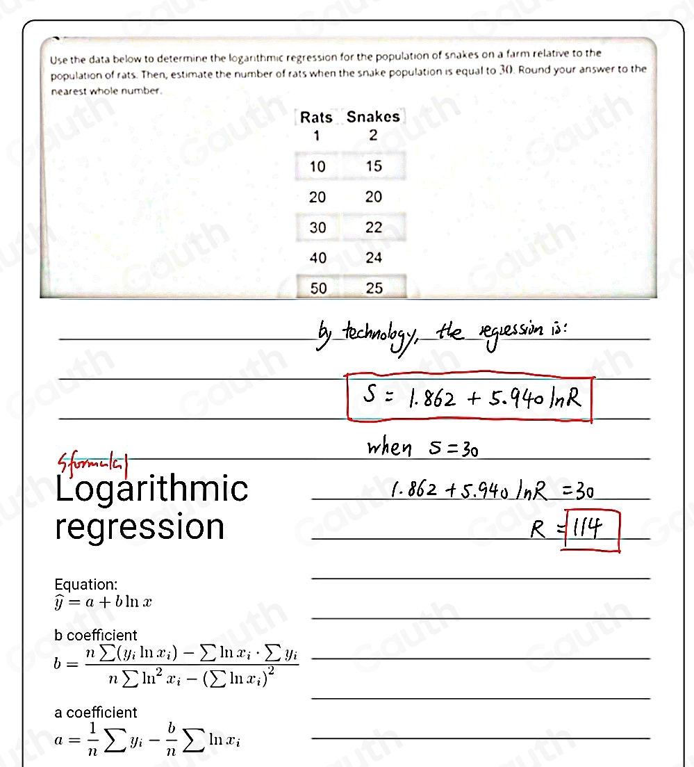 Solved: Use the data below to determine the logarithmic regression for ...