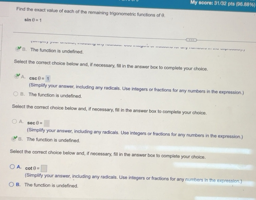 Resuelto:My score: 31/32 pts (96.88%) Find the exact value of each of ...