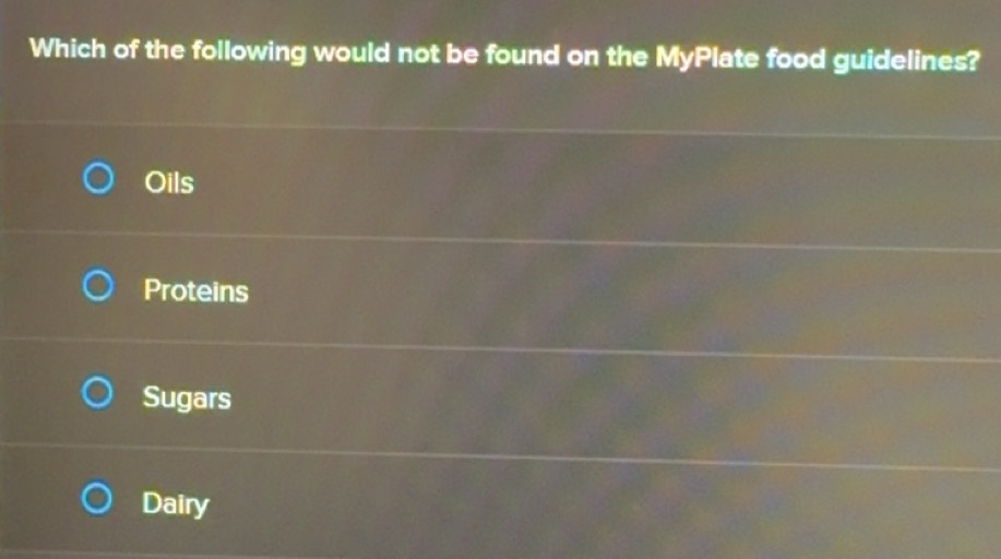 Solved: Which of the following would not be found on the MyPlate food ...