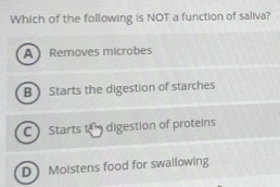Solved: Which of the following is NOT a function of saliva? A Removes ...