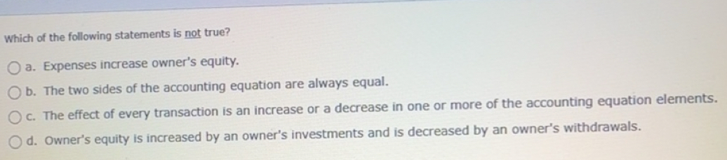 Solved: Which of the following statements is not true? a. Expenses ...