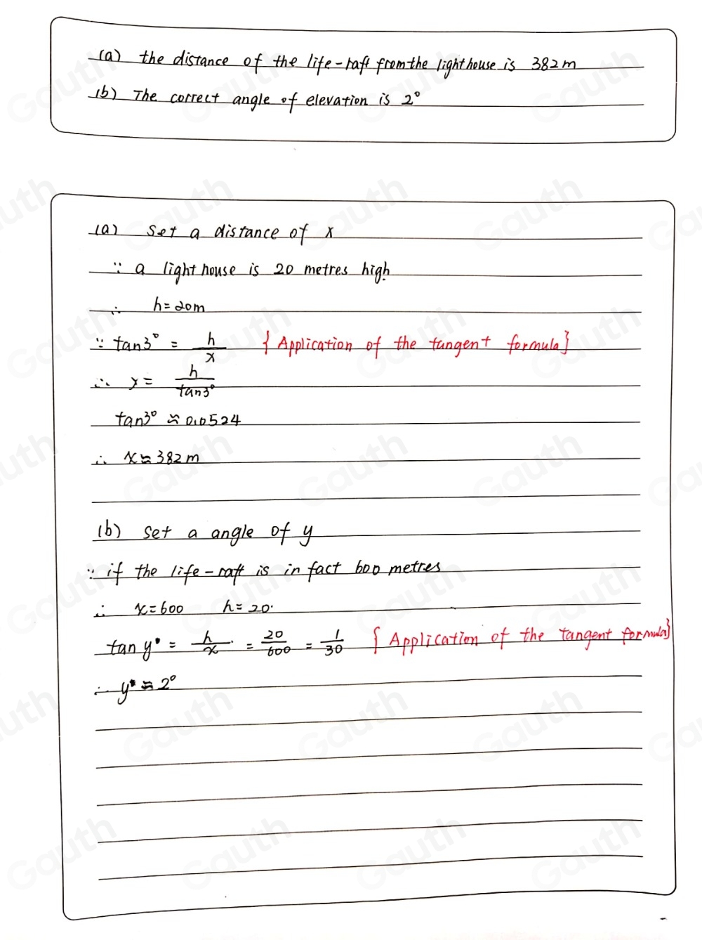 Solved: A lighthouse is 20 metres high. A life-raft is drifting and one ...