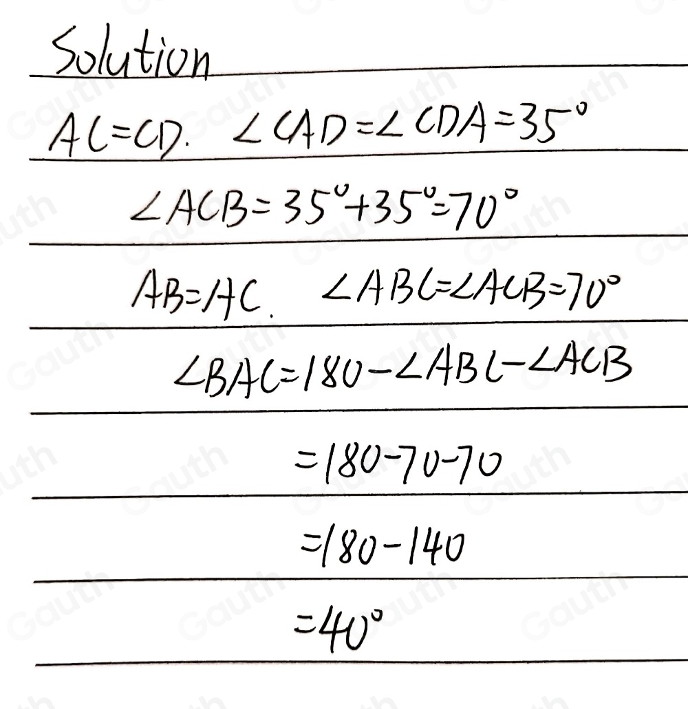 Solved: What is the measure of angle BAC if line AB=AC=CD and angle ADC ...