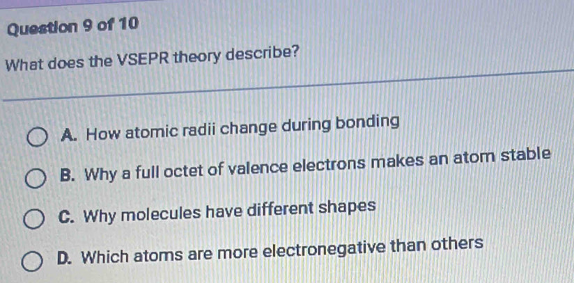 Solved: What does the VSEPR theory describe? A. How atomic radii change ...
