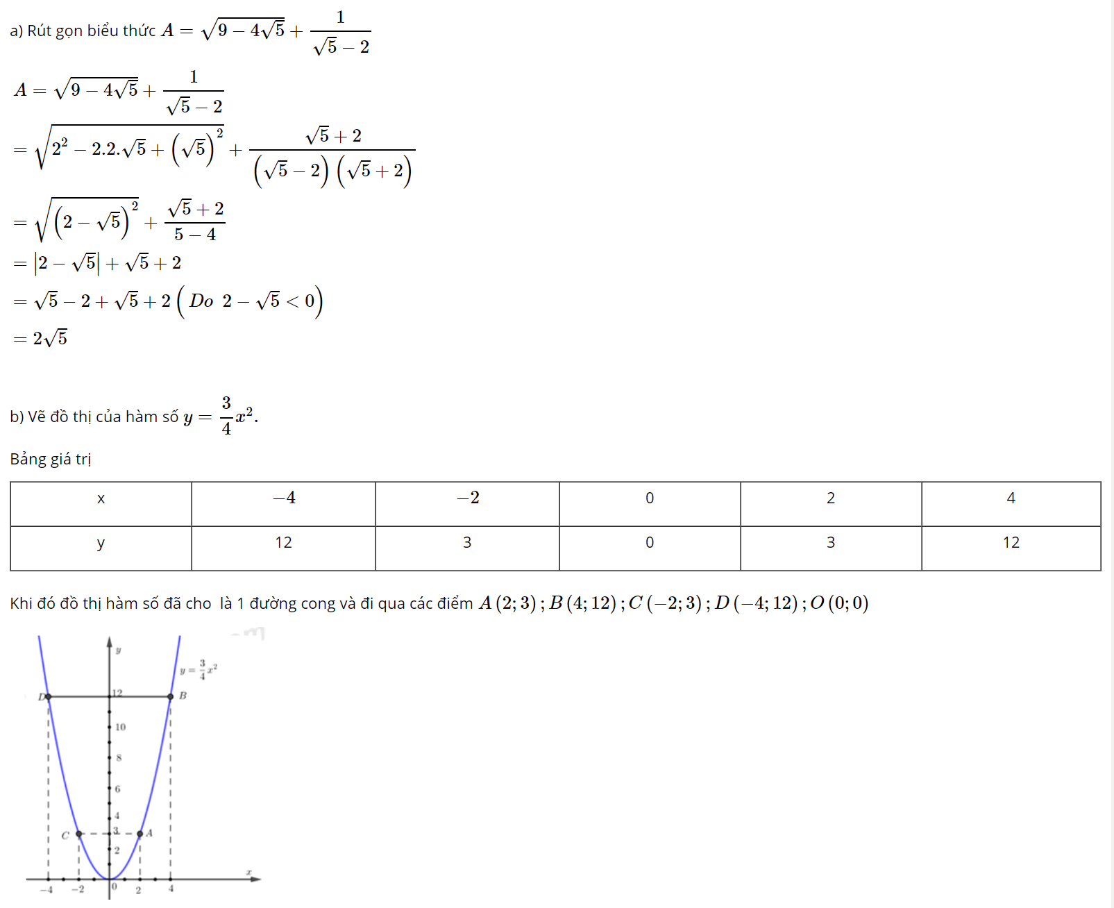 Solved: Rút gọn biểu thức A=sqrt(9-4sqrt 5)+ 1/sqrt(5)-2 b) Vẽ đồ thị của hàm số y= 3/4 x^2. [Math]