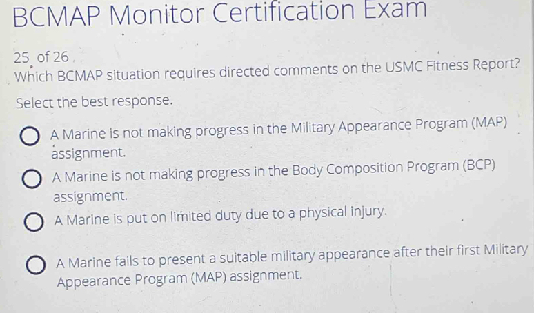 Solved: BCMAP Monitor Certification Exam 25 of 26, Which BCMAP ...