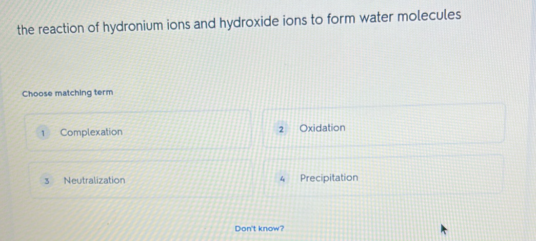 Solved: the reaction of hydronium ions and hydroxide ions to form water ...