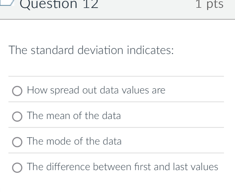 Solved: The standard deviation indicates: How spread out data values ...