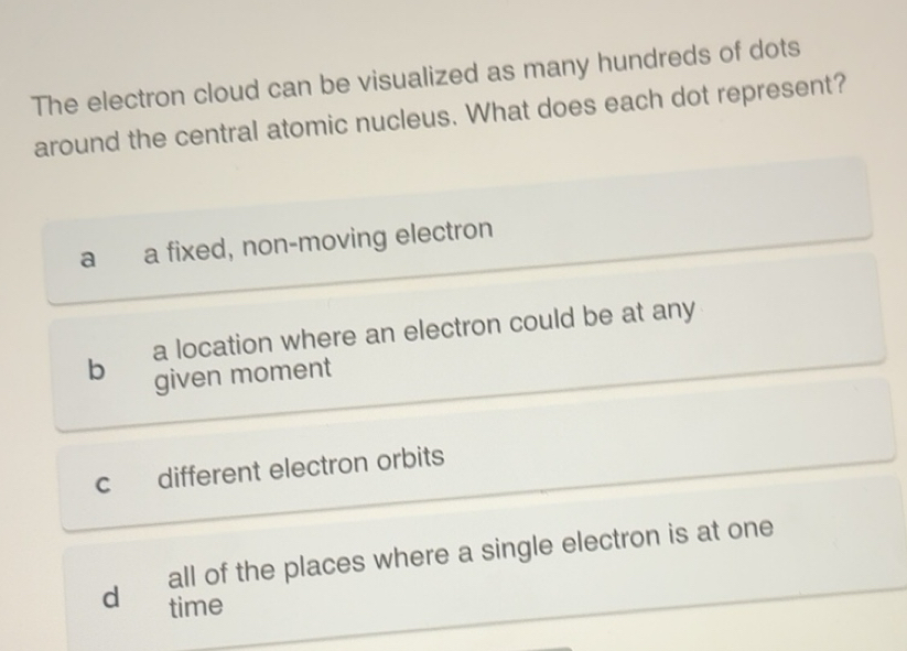 Solved: The electron cloud can be visualized as many hundreds of dots ...