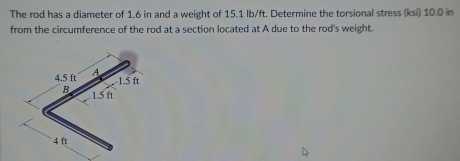 Solved: The rod has a diameter of 1.6 in and a weight of 15.1 lb/ft ...