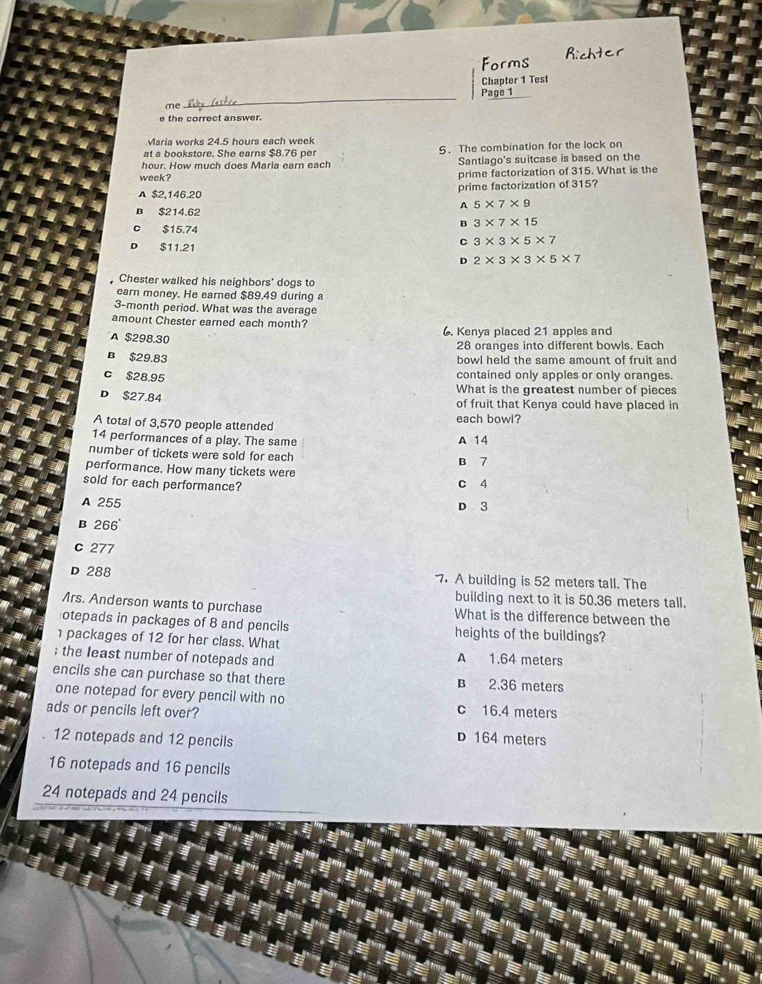 Solved: Chapter 1 Test _ Page 1 me e the correct answer. Maria works 24 ...