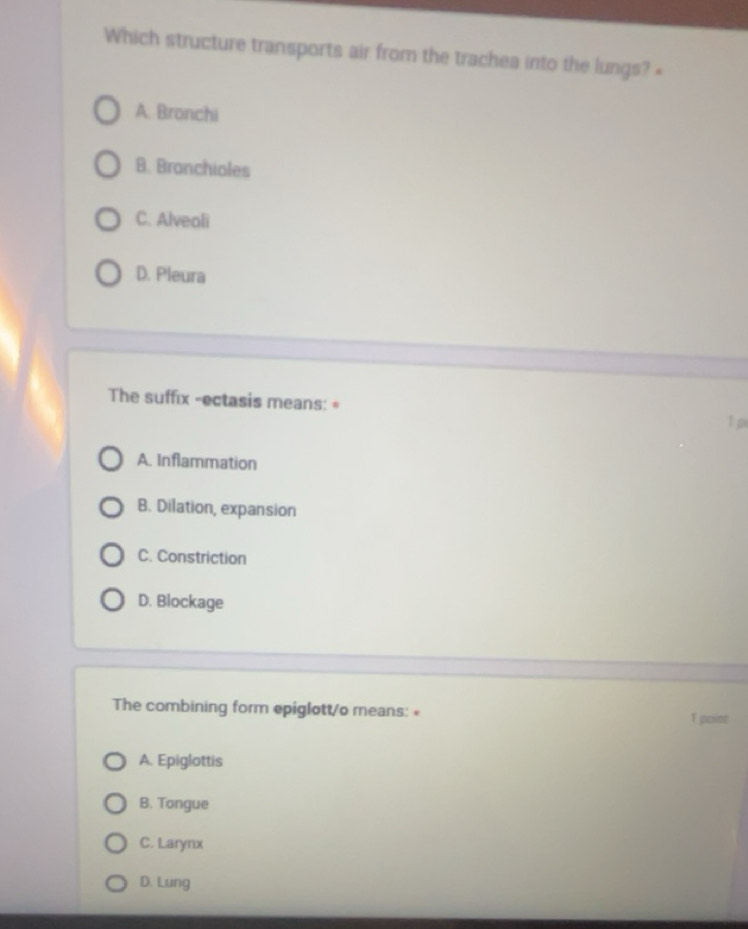 Solved: Which structure transports air from the trachea into the lungs ...