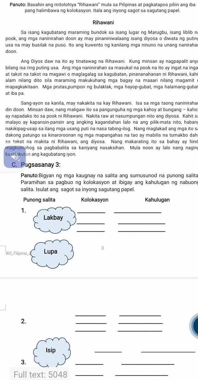 Solved: Panuto: Basahin ang mitolohiya "Rihawani” mula sa Pilipinas at ...