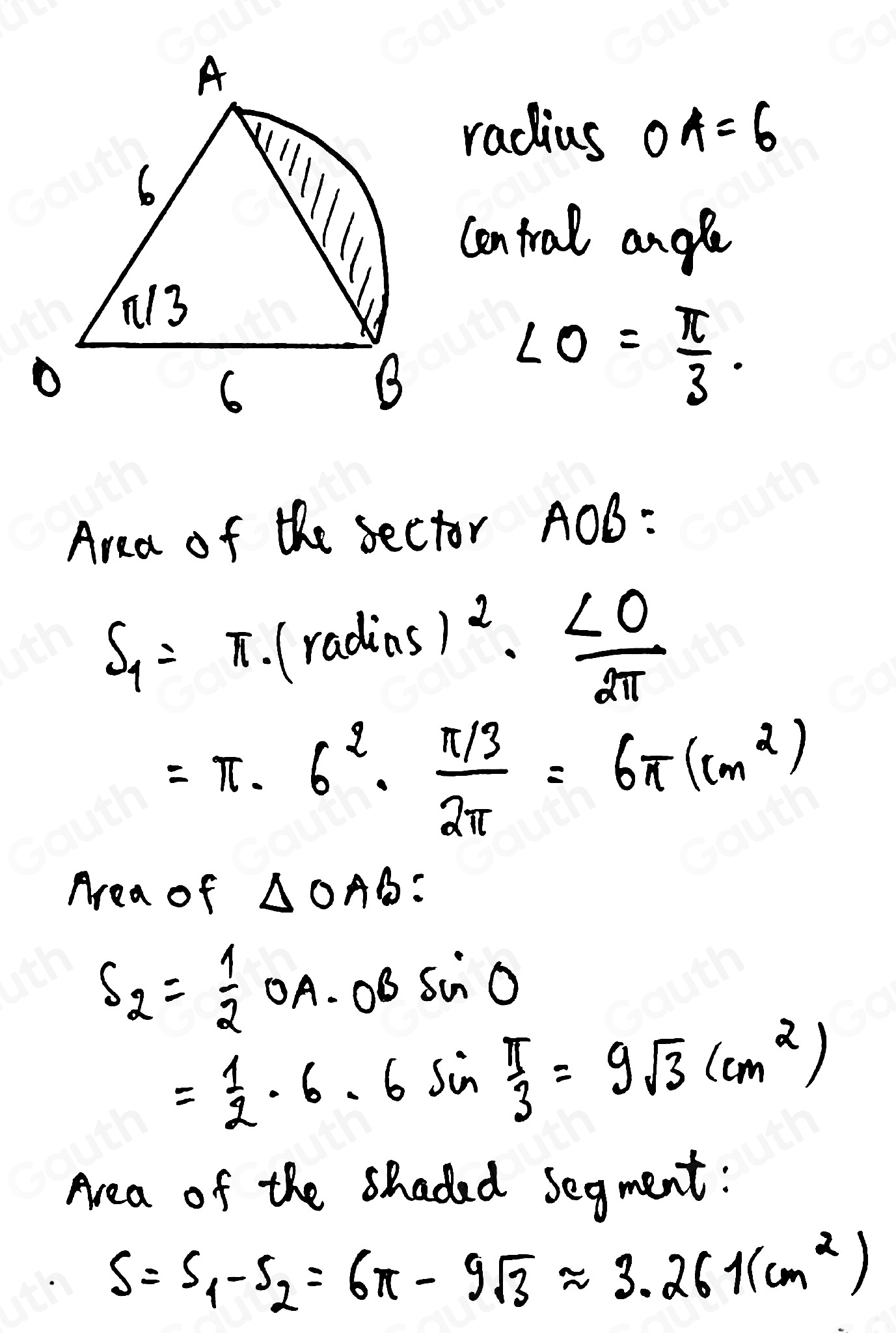 Solved: Find the area of the shaded segment in cm^2. Give your answer correct to 3 significant ...