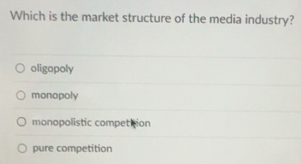Solved: Which is the market structure of the media industry? oligopoly ...