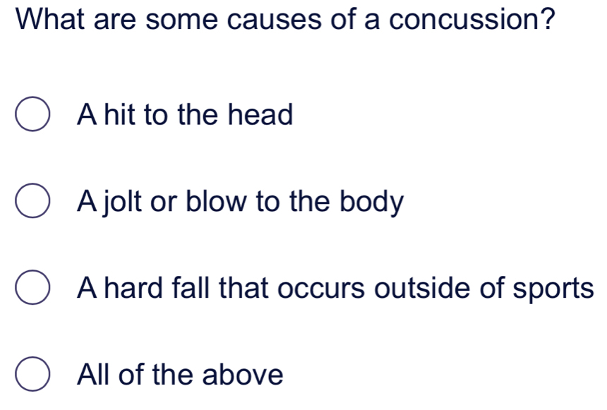 Solved: What are some causes of a concussion? A hit to the head A jolt ...