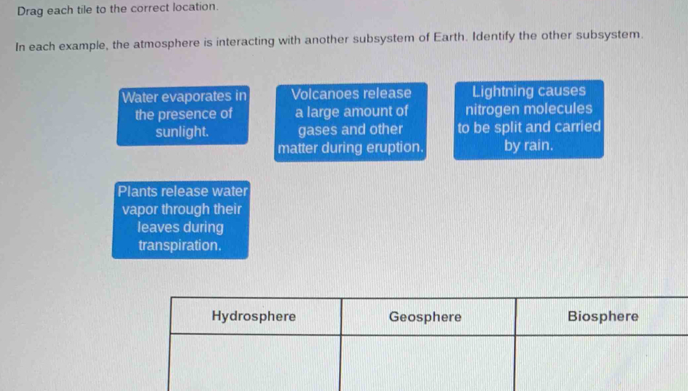 Solved: Drag each tile to the correct location. In each example, the atmosphere is interacting ...