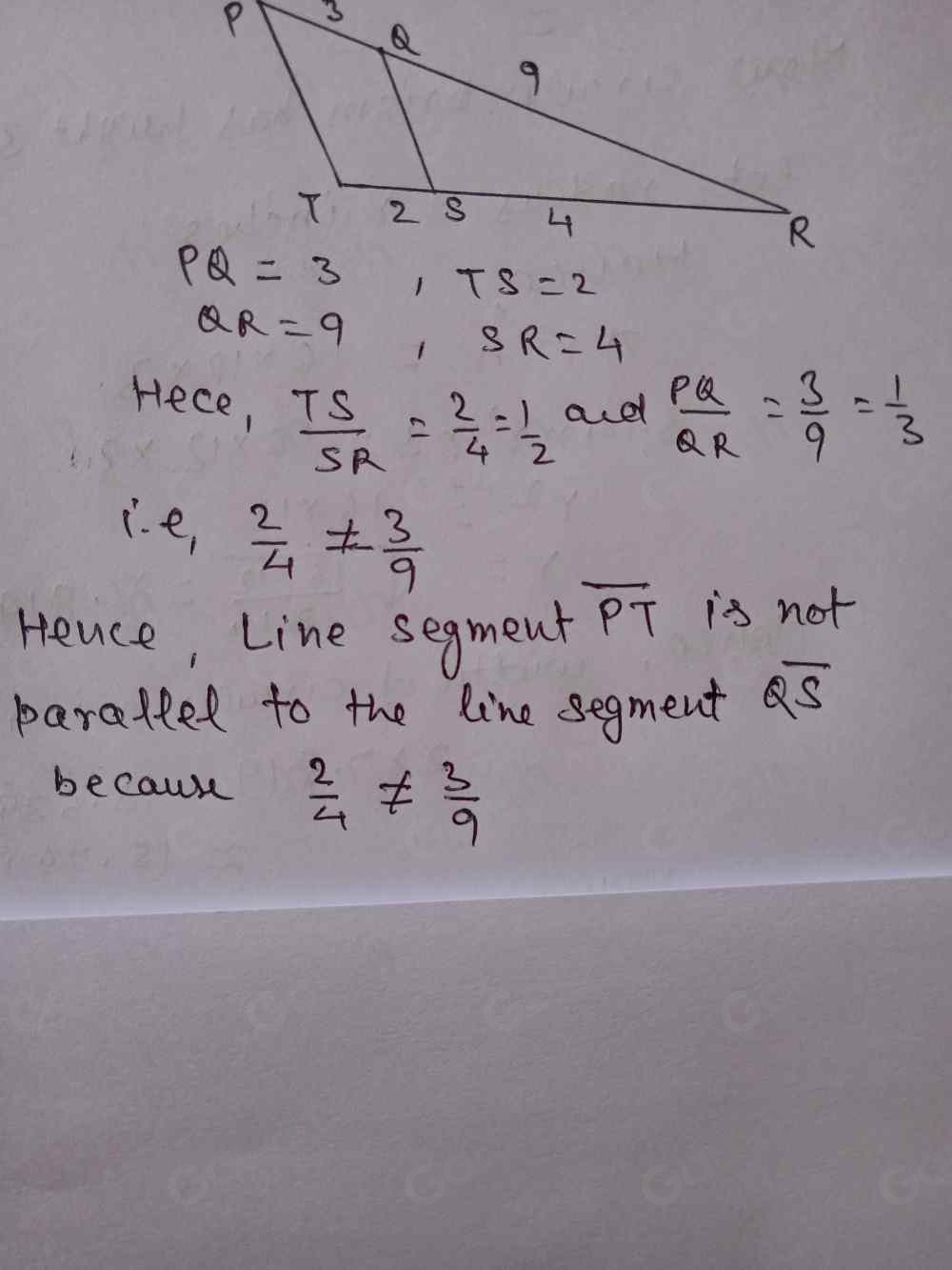 Solved: Triangle PRT and triangle QRS are shown below. Line segment overline PT is parallel to ...