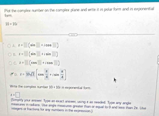 Solved: Plot the complex number on the complex plane and write it in polar form and in ...