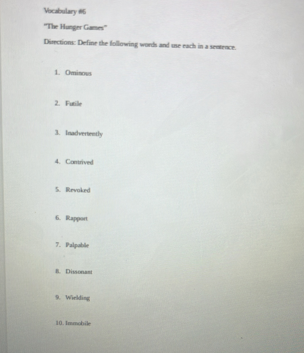 Solved: Vocabulary #6 ''The Hunger Games'' Directions: Define the ...