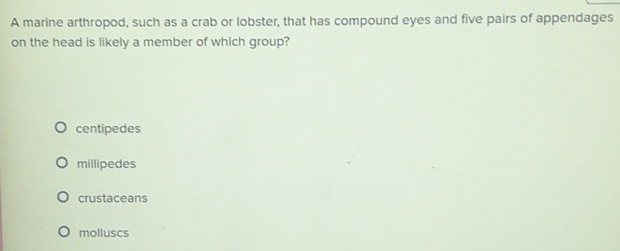 Solved: A marine arthropod, such as a crab or lobster, that has ...