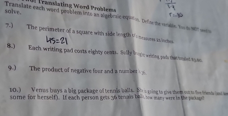 Solved: Translating Word Problems solve. Translate each word problem ...