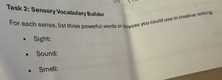 Solved: Task 2: Sensory Vocabulary Builder For each sense, list three ...