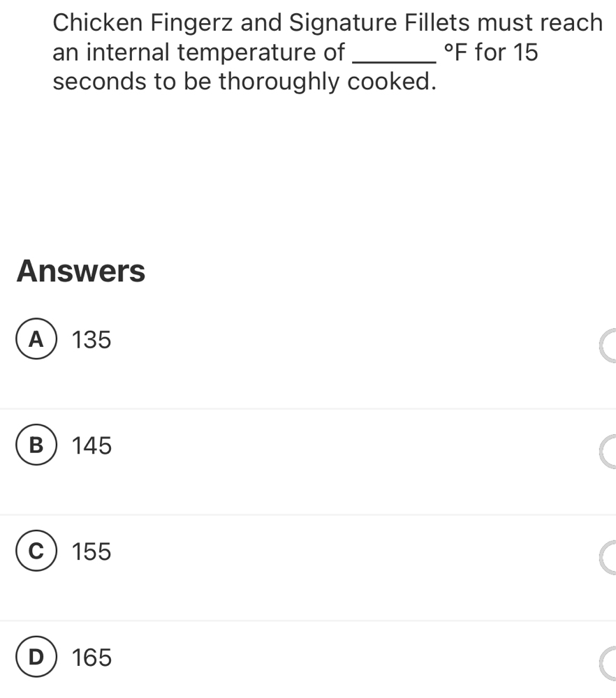 Solved: Chicken Fingerz and Signature Fillets must reach an internal ...