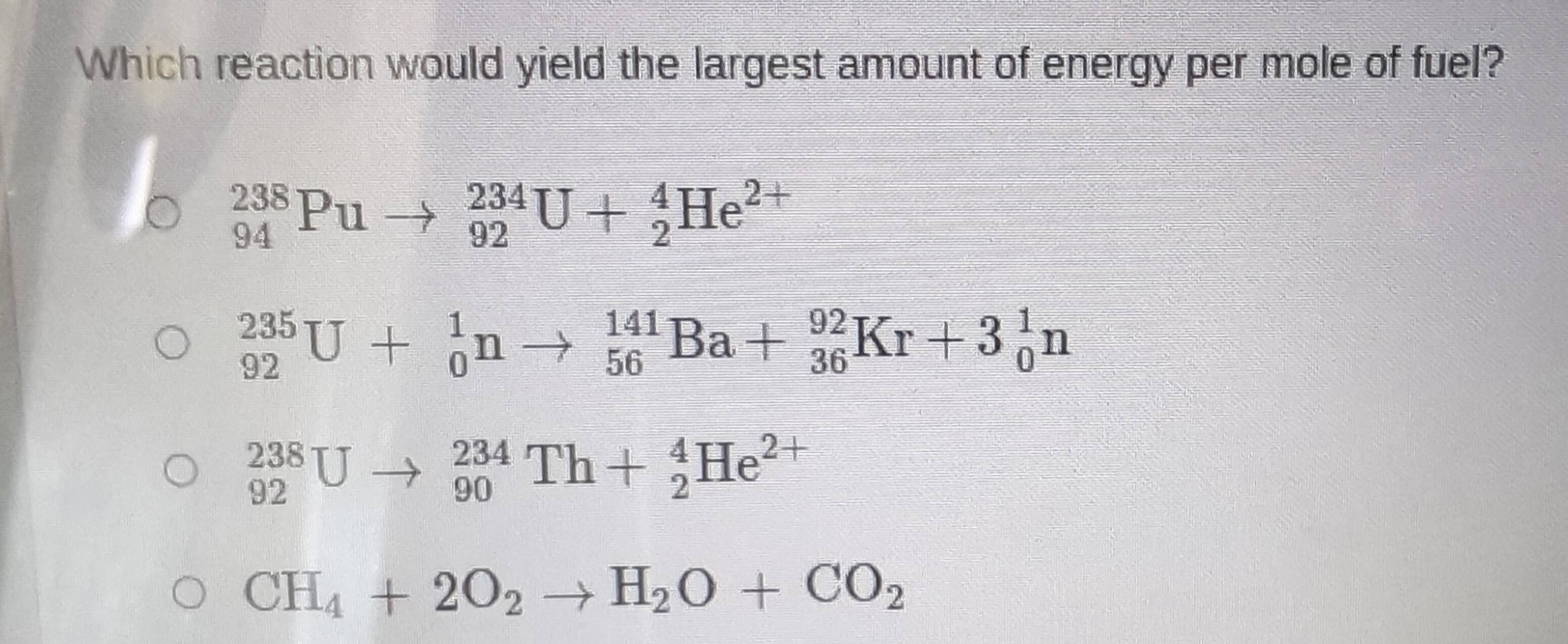 Solved: Which reaction would yield the largest amount of energy per ...