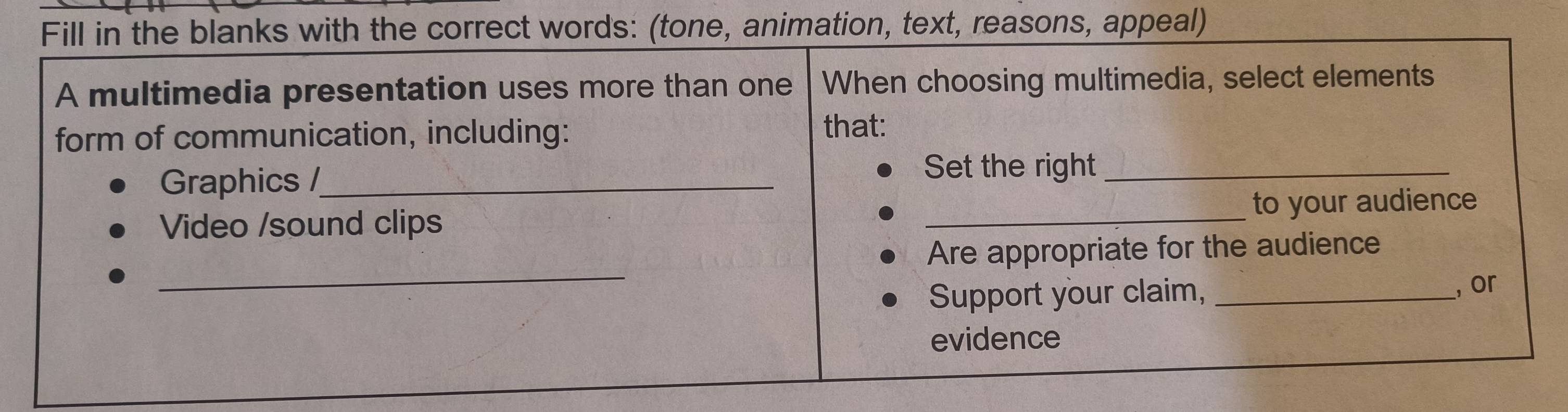 Solved: Fill in the blanks with the correct words: (tone, animation, text, reasons, appeal) A ...