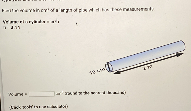 Solved: Find the volume in cm^3 of a length of pipe which has these ...