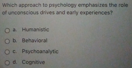 Solved: Which approach to psychology emphasizes the role of unconscious ...