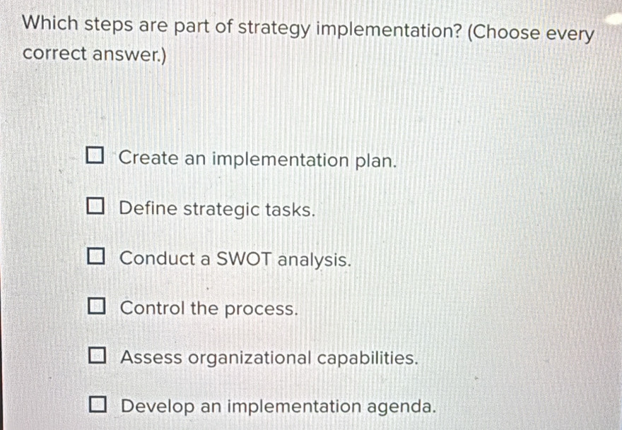 Solved: Which steps are part of strategy implementation? (Choose every ...
