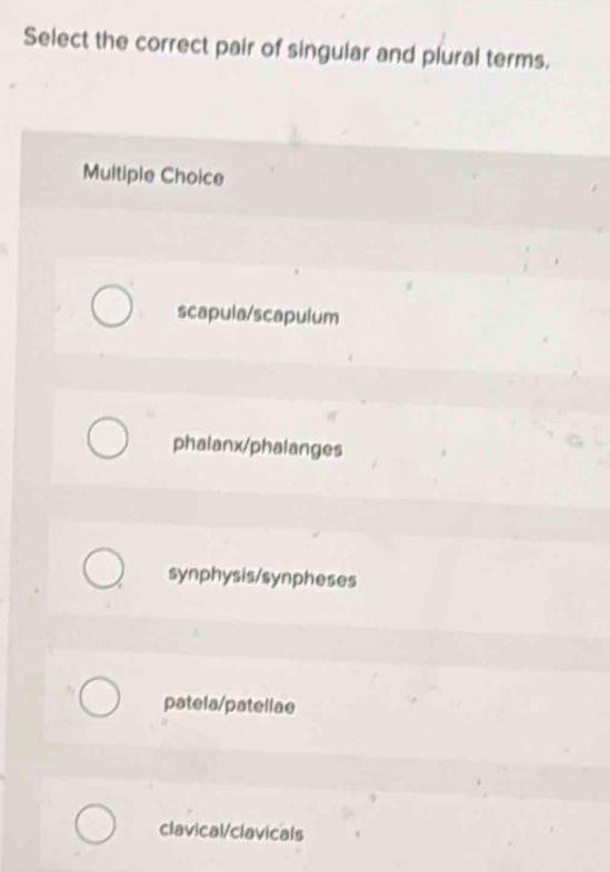 Solved: Select the correct pair of singular and plural terms. Multiple ...